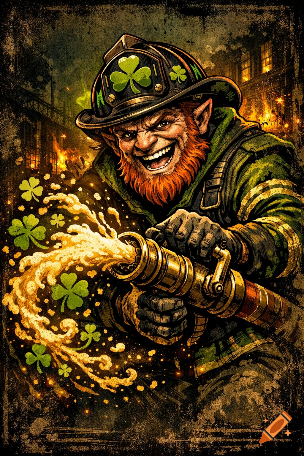 A grinning, red-bearded leprechaun in a firefighter helmet with ...