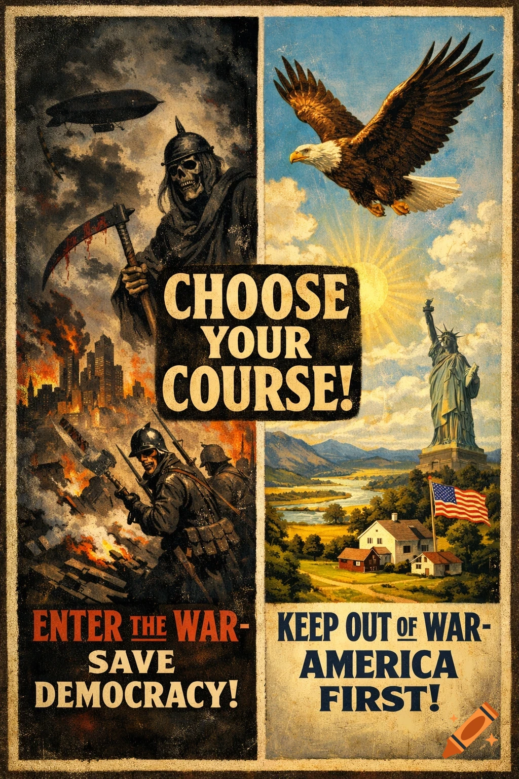 A vintage split poster. Left: Grim Reaper, burning city, soldiers, text ...