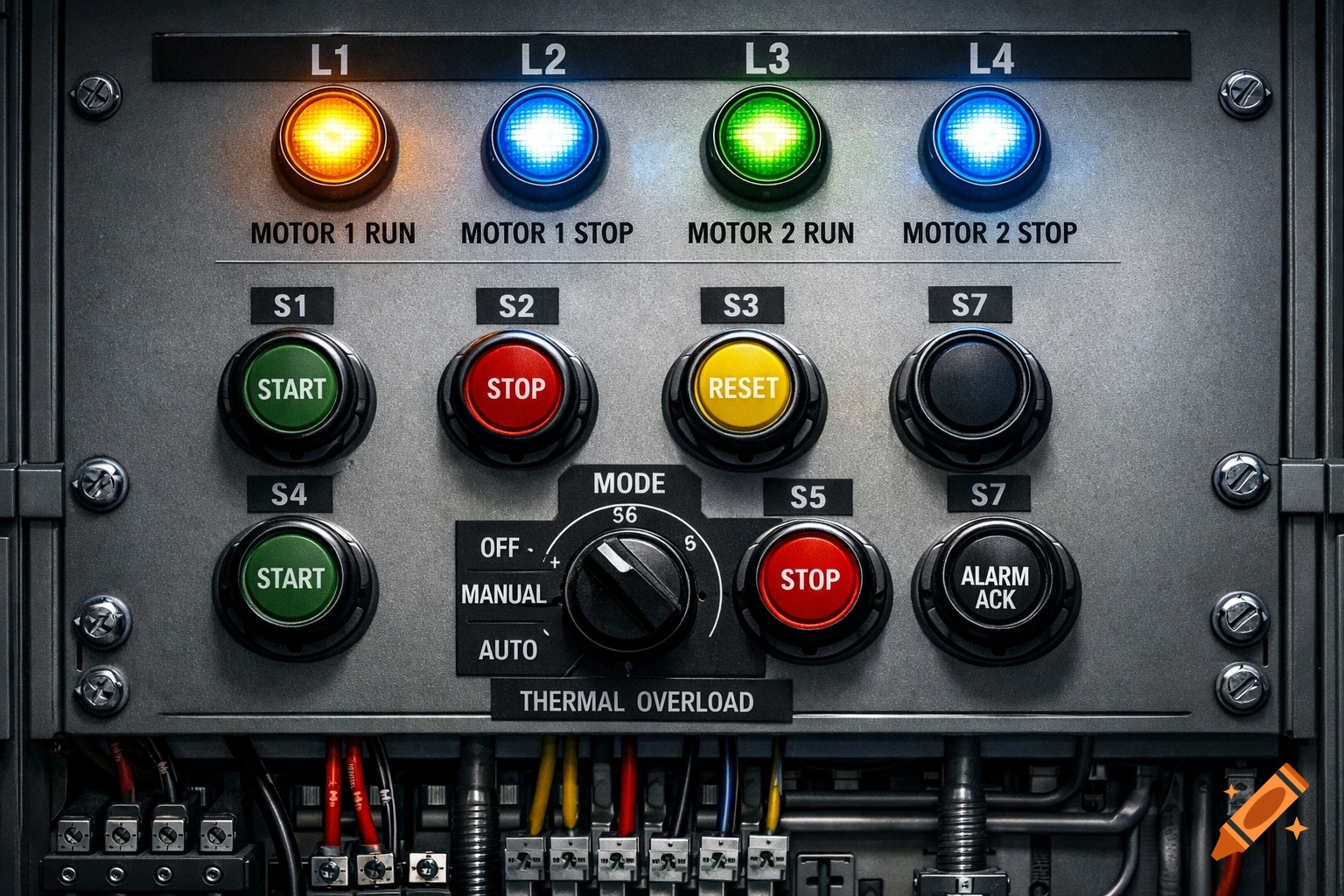 Close-up of a metallic grey industrial control panel with various ...