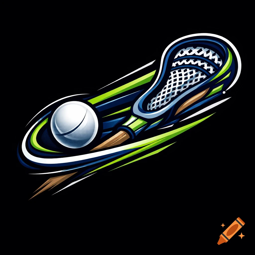 Stylized lacrosse stick and ball with green and blue motion streaks on ...