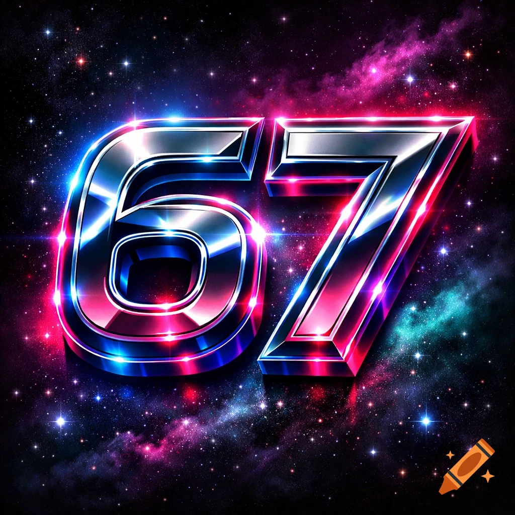 The metallic numbers '67' glow with neon blue and pink light against a ...