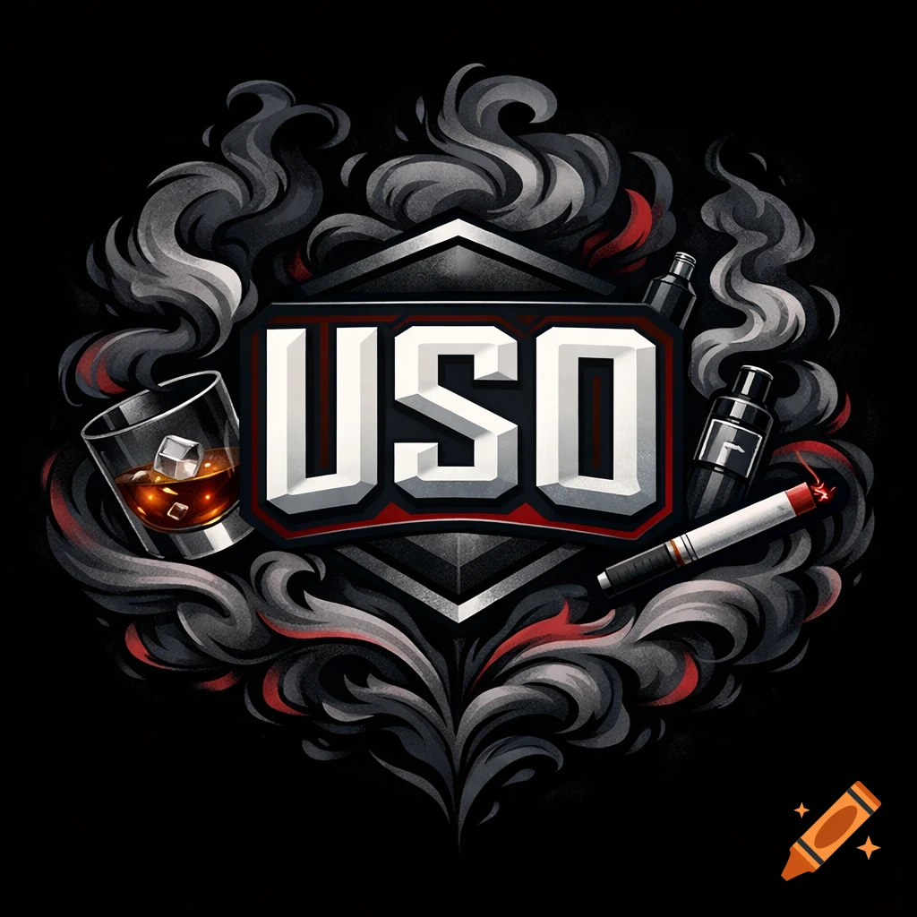Logo with bold 'USO' text, surrounded by a glass of whiskey, a vape, a ...