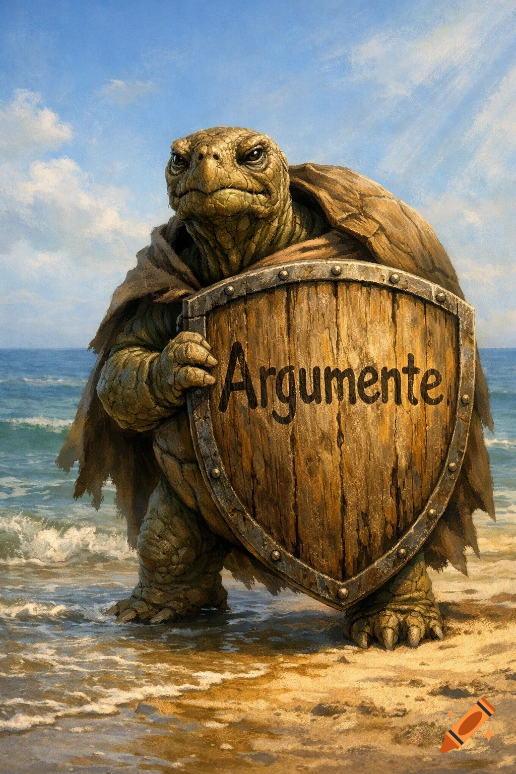 A large, armored turtle stands on a sandy beach in shallow water ...