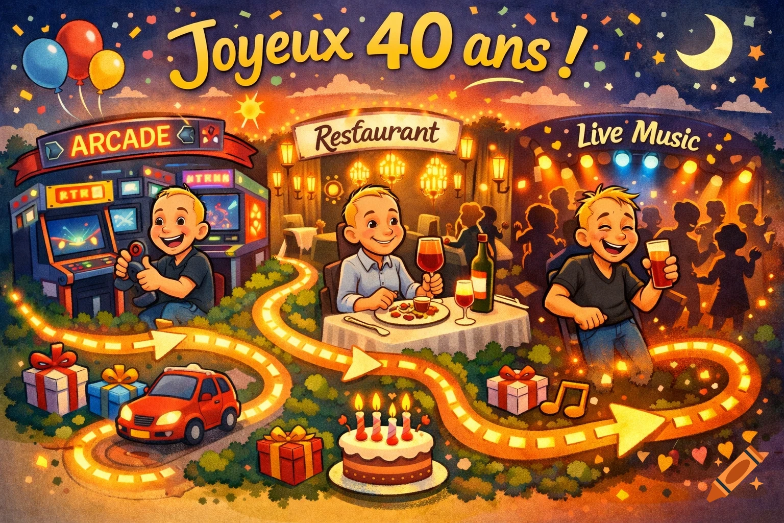 An illustrated birthday card showing a path through an arcade, a ...