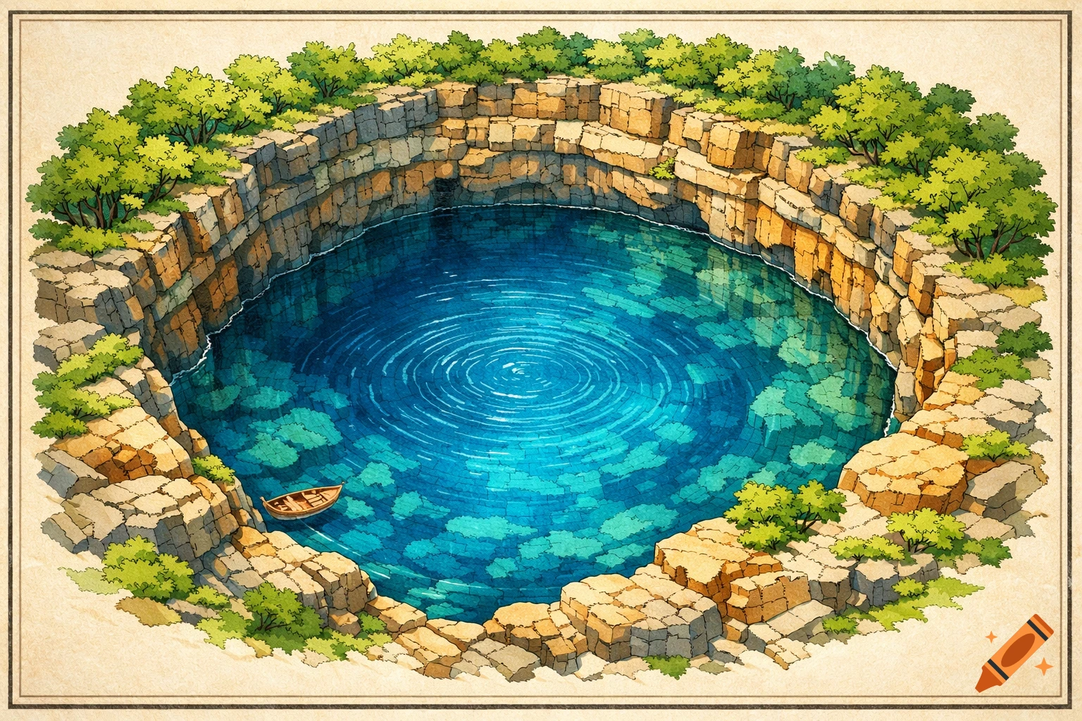 Isometric illustration of a circular sinkhole filled with deep blue ...