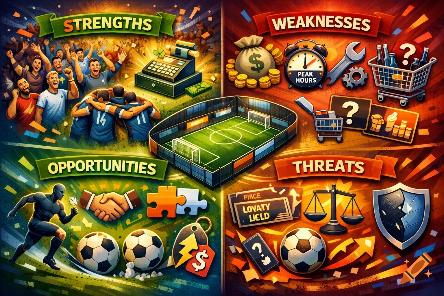 Vibrant illustration of a SWOT analysis board with soccer elements ...