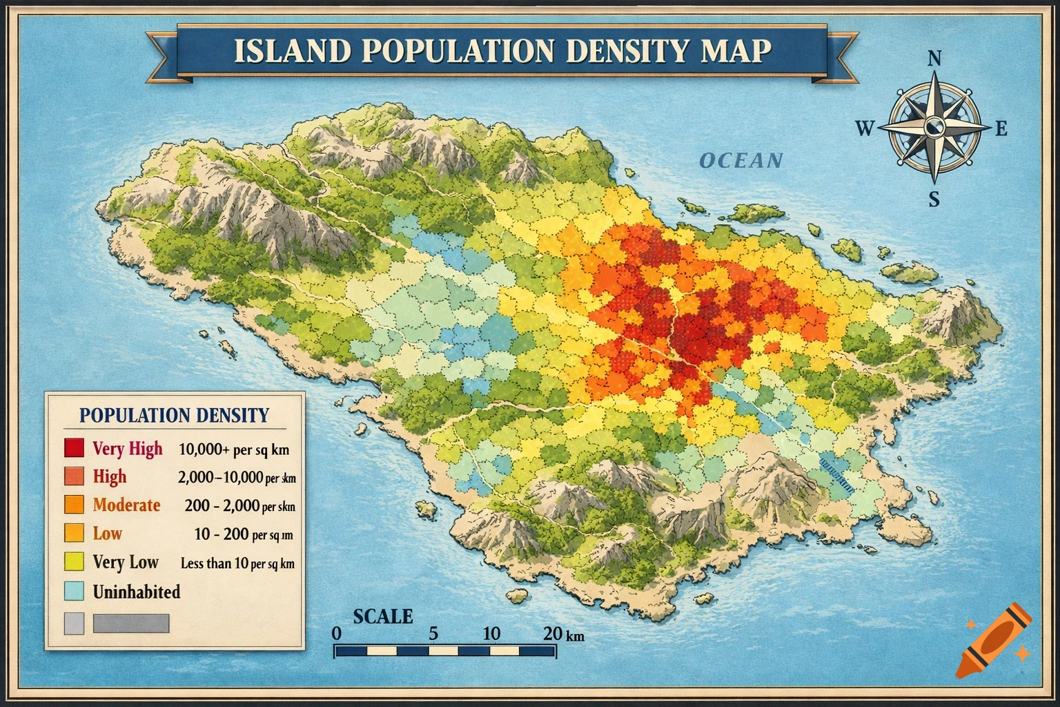 An imaginary island map depicting population density with a color-coded ...
