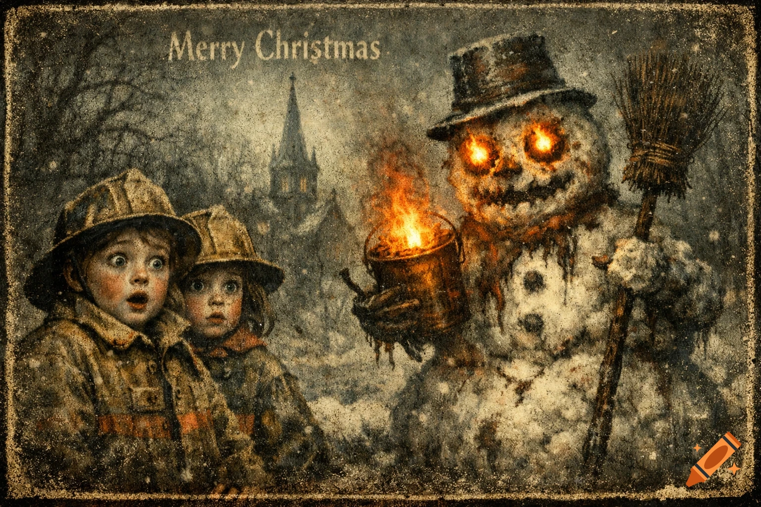 Two children in firefighter suits look terrified at a spooky snowman ...
