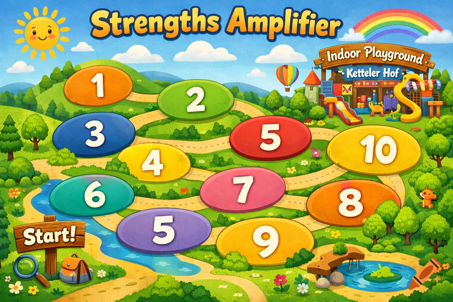 A colorful, cartoony map-like illustration showing a winding path with ...