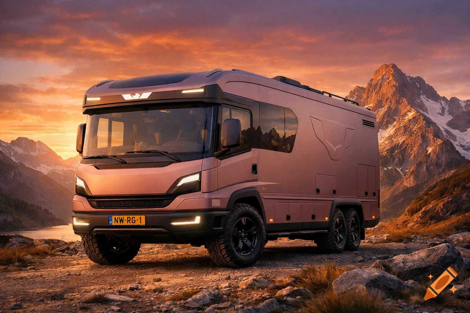 A modern, matte pink luxury camper van with off-road tires on a rocky ...