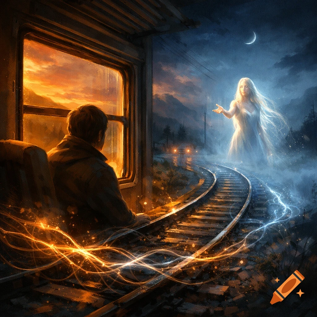 A man in a train looks out the window at a glowing, ethereal woman on ...