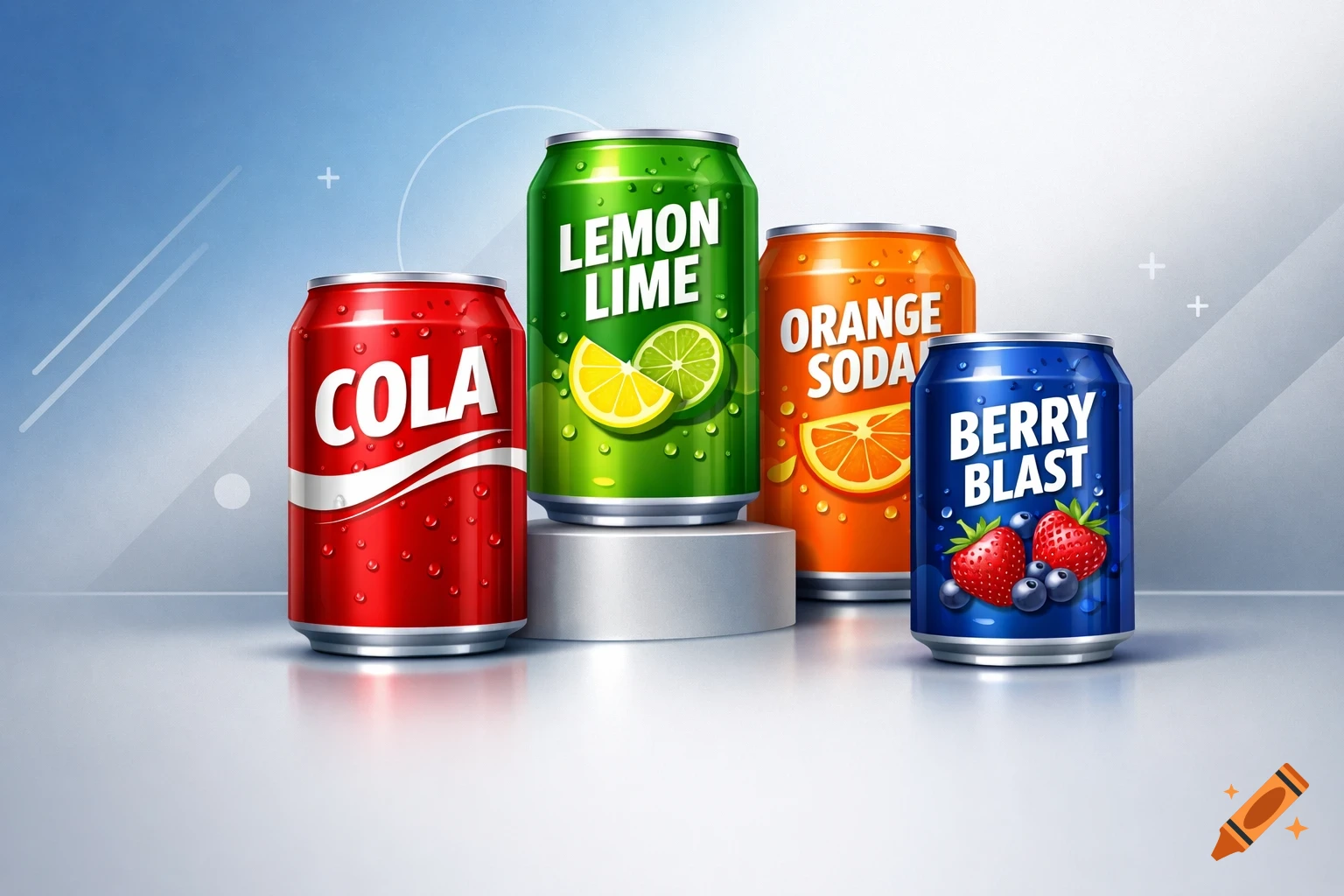 Four colorful soda cans with water droplets: red COLA, green LEMON LIME ...