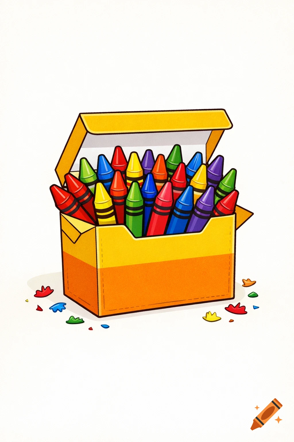 An open, yellow and orange cartoon box filled with colorful crayons on ...