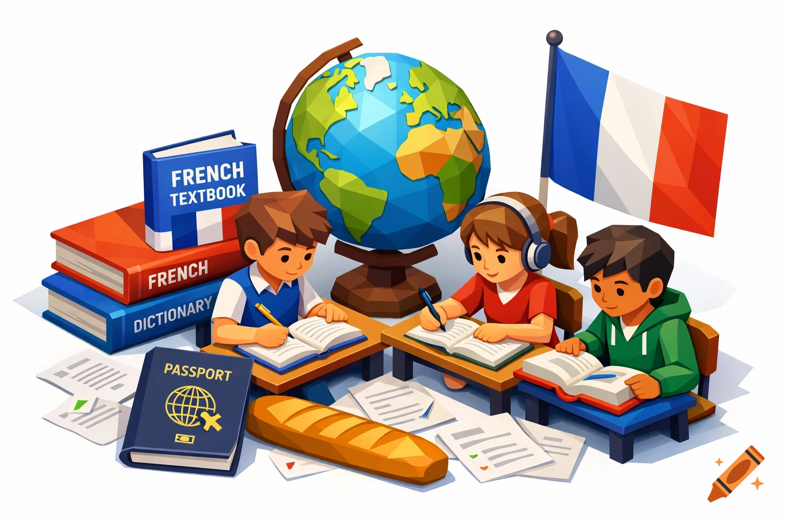 Three low-poly style children studying French with textbooks, a globe ...