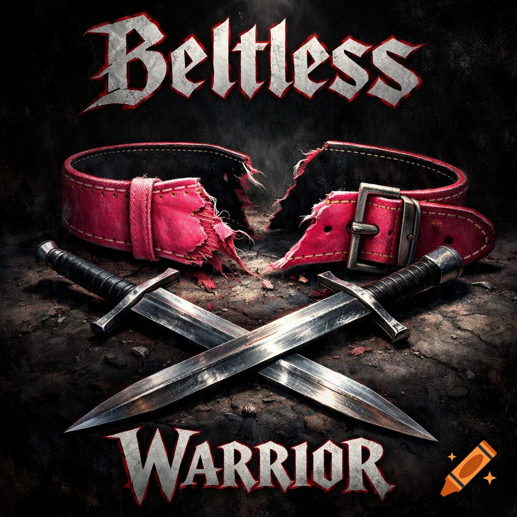 A ripped pink weightlifting belt with two crossed swords in front ...