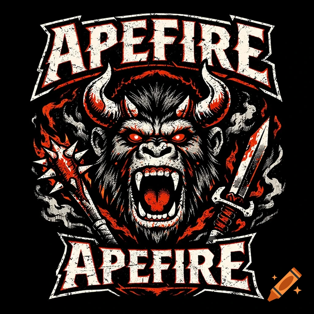 Distressed graphic art of an aggressive horned ape head with glowing ...