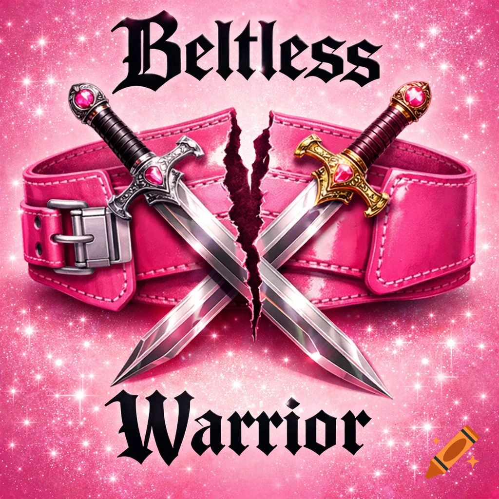 A broken Barbie pink weightlifting belt with two crossed swords in ...