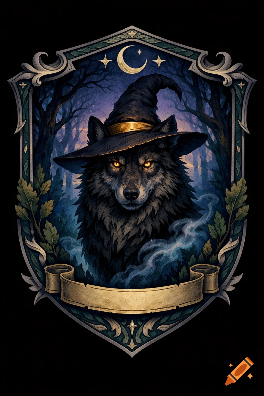 Ornate fantasy crest of a wolf in a wizard hat with glowing eyes ...
