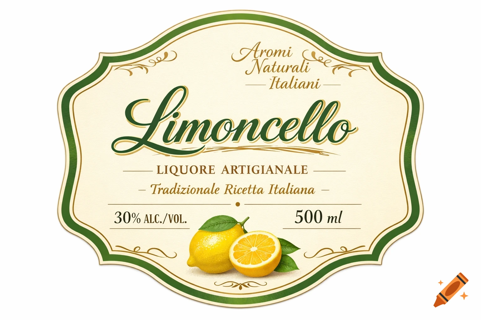 An ornate label for Limoncello liqueur, featuring green and gold ...