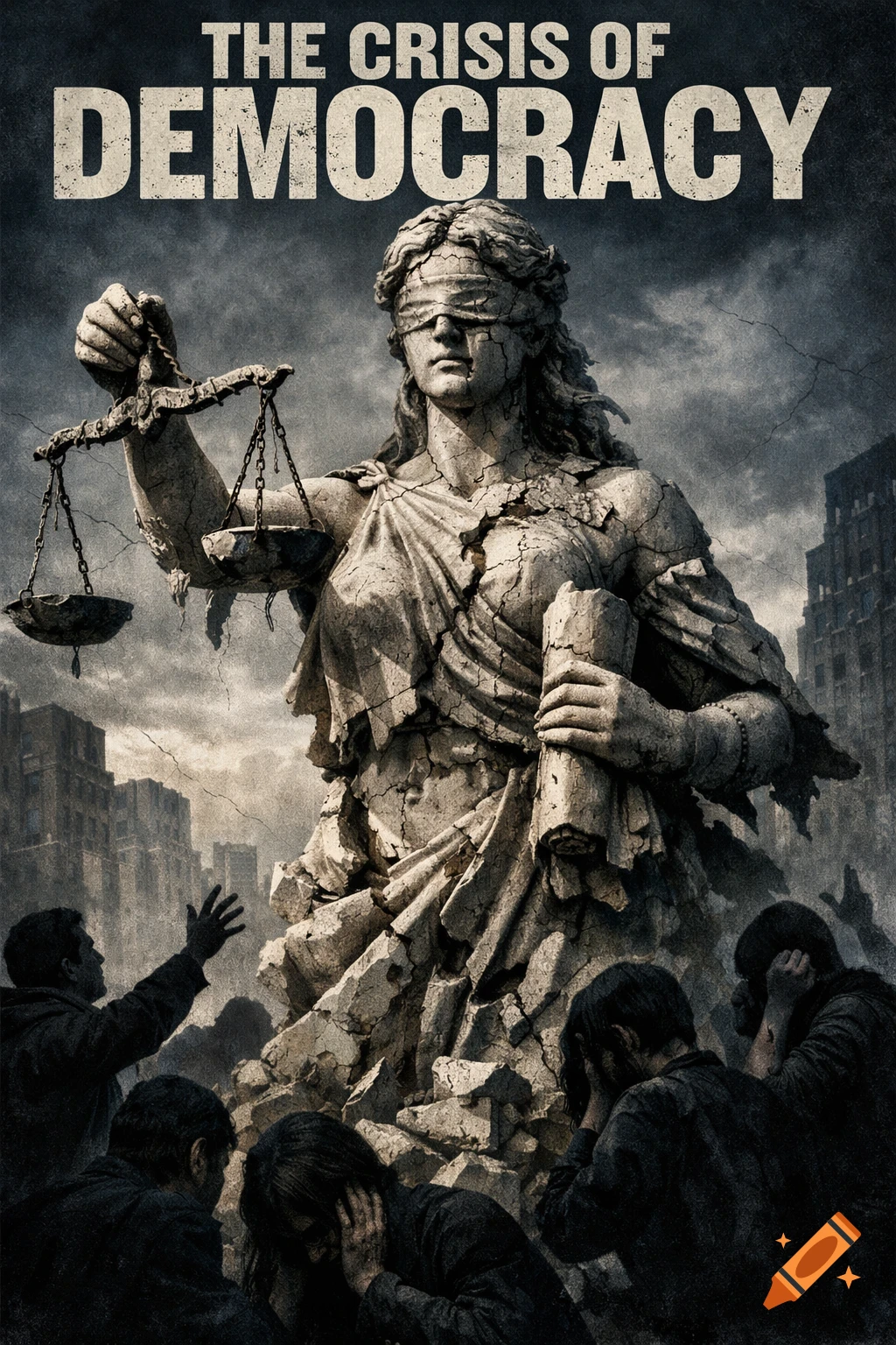 A crumbling Lady Justice statue with scales and a scroll, surrounded by ...