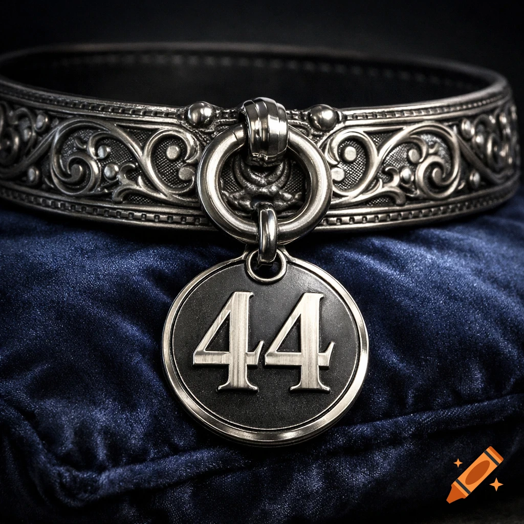 Ornate metallic collar with a tag showing number 44, resting on blue ...