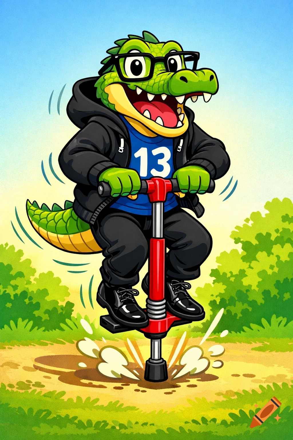 A cartoon alligator with black glasses and a hoodie joyfully jumps on a ...