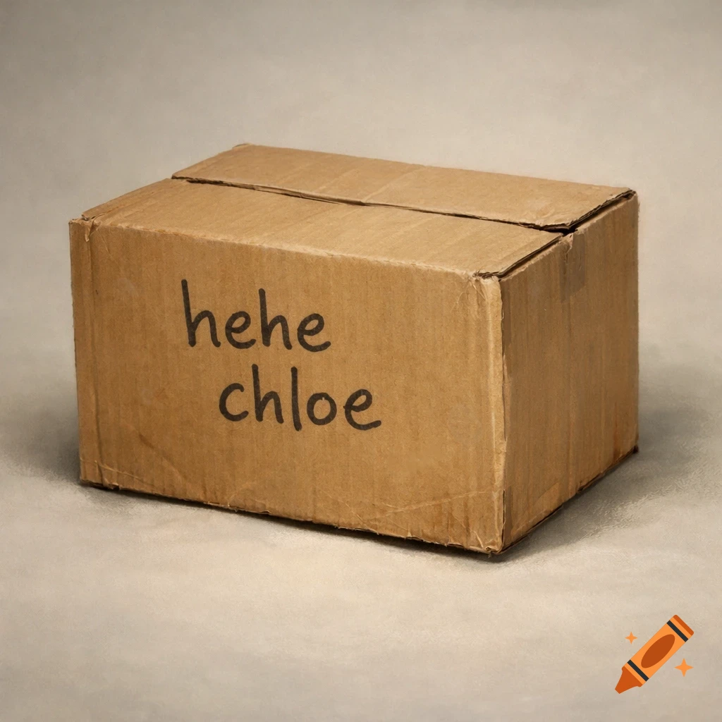 A photorealistic image of a plain brown cardboard box with "hehe chloe ...