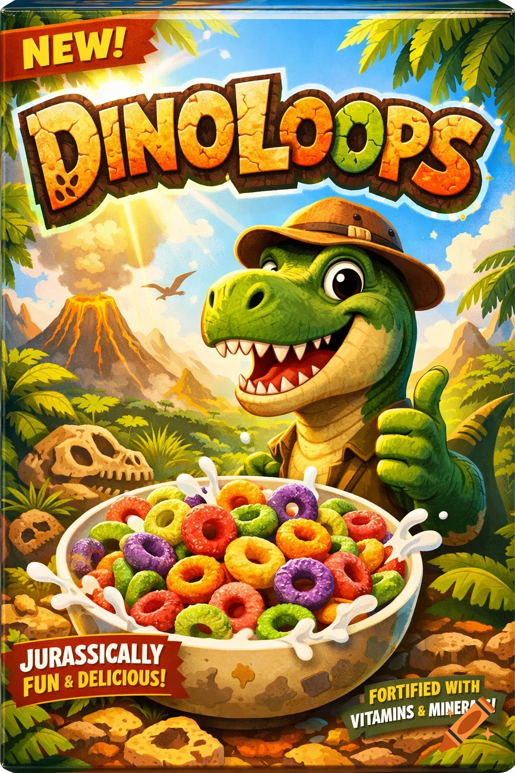 A colorful cartoon cereal box for 'DinoLoops' featuring a happy ...