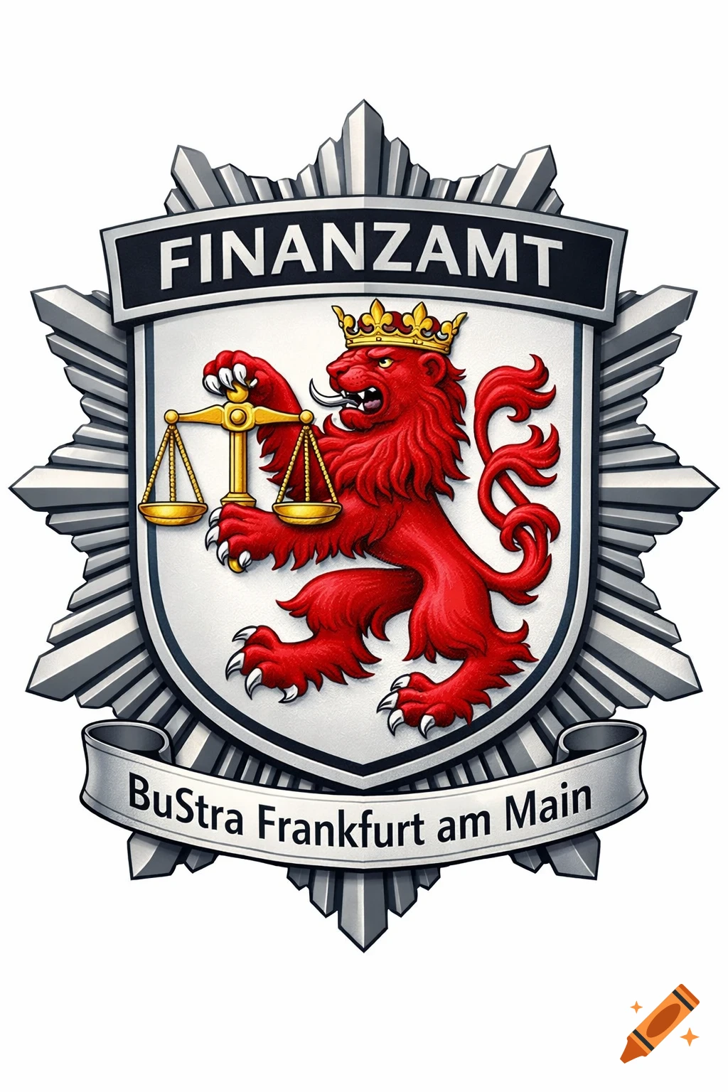 A coat of arms with a red crowned lion holding scales, text 'FINANZAMT ...