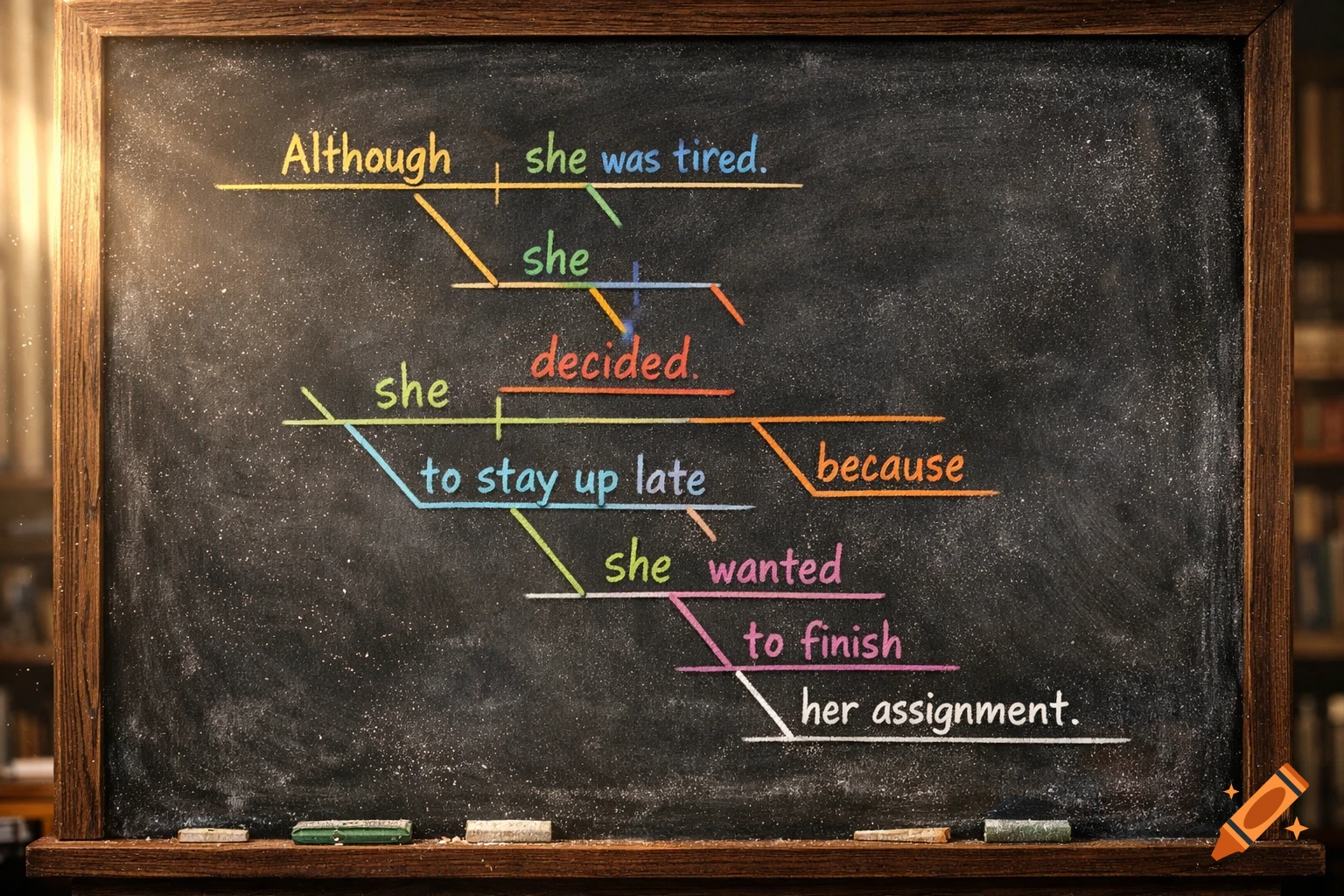 A chalkboard with a colorful sentence diagram illustrating grammar ...
