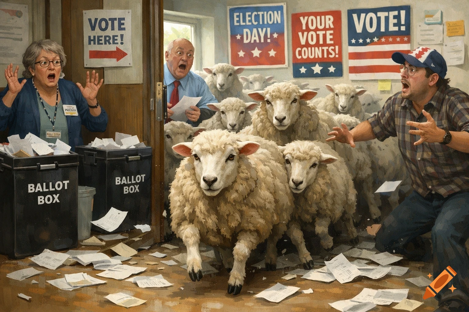 Humorous, realistic painting of a flock of sheep storming a polling ...