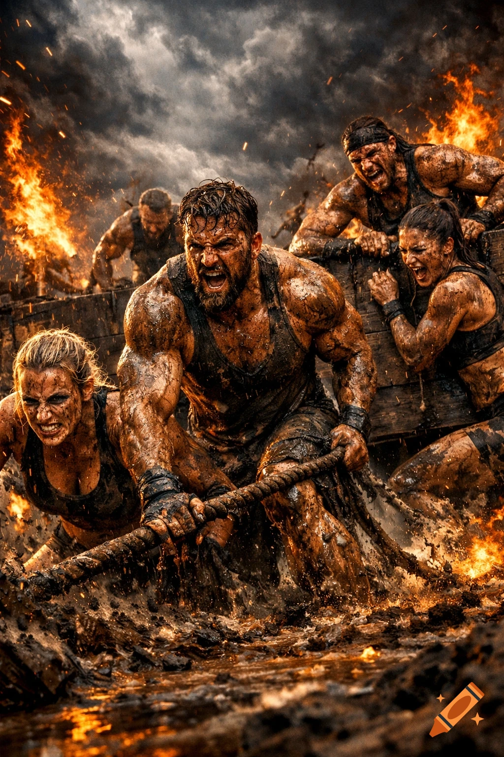 Strong men and women covered in mud pull a rope through a fiery, muddy ...