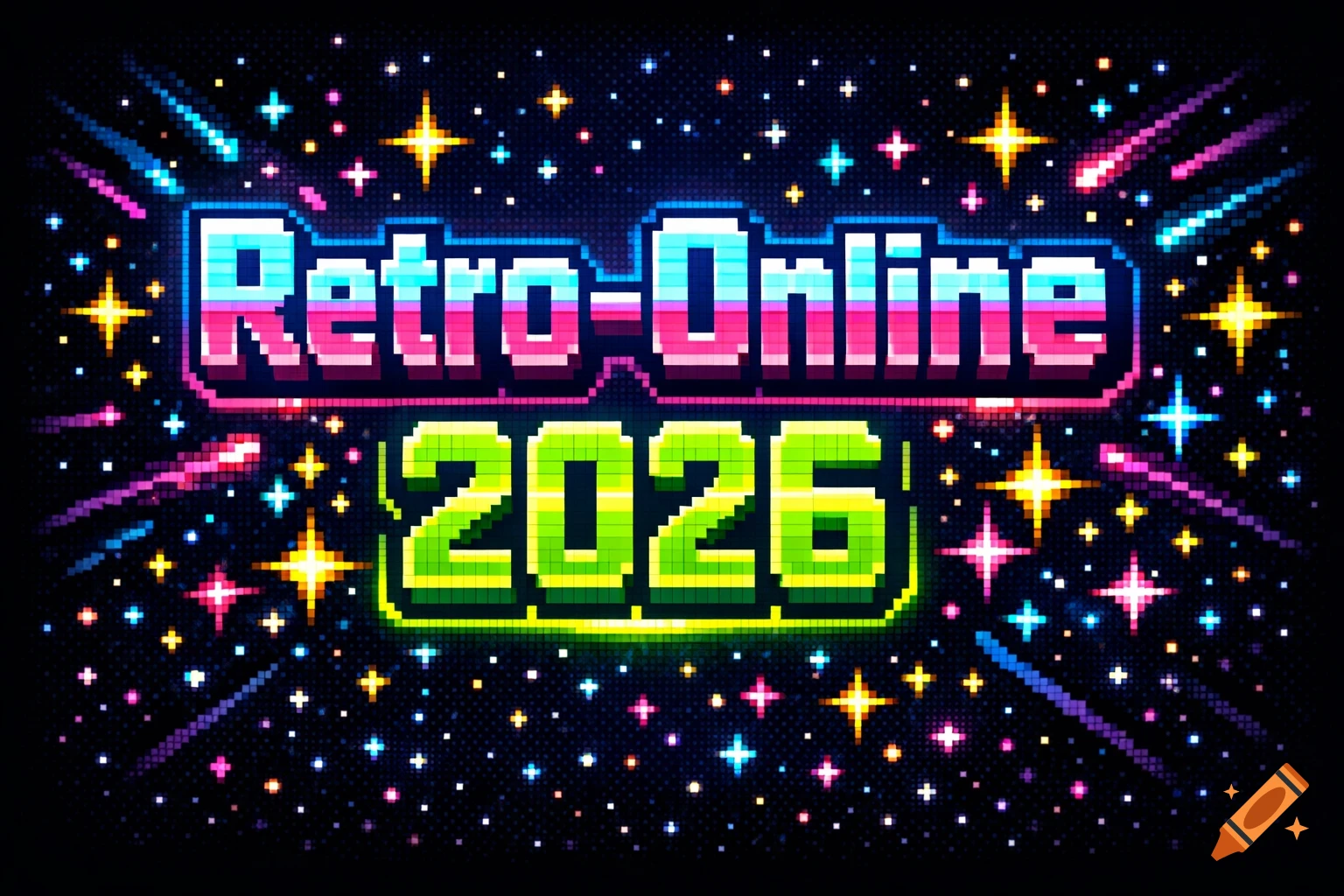 Pixelated retro video game logo 'Retro-Online 2026' with colorful stars ...