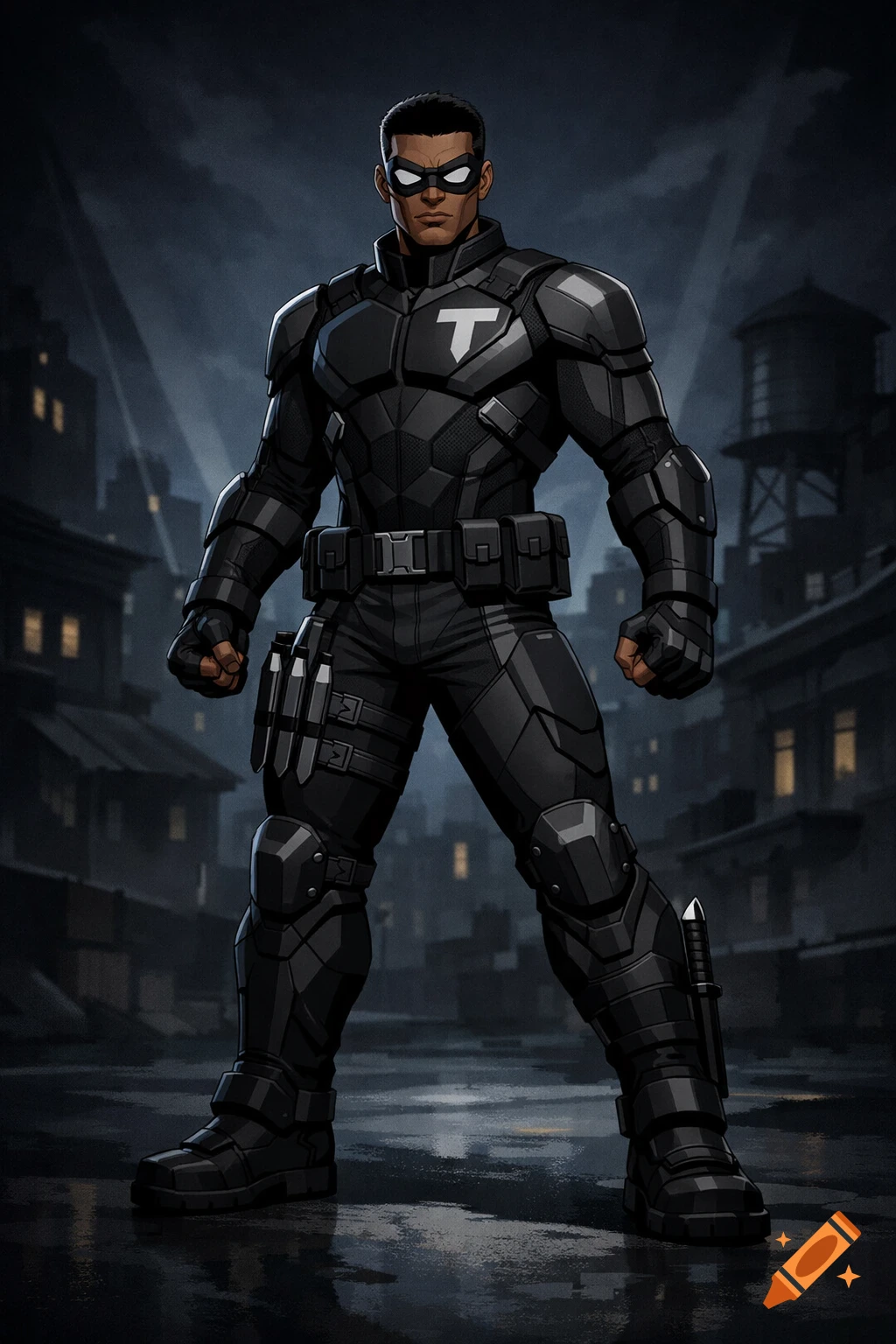 A dark-skinned male superhero in black tactical armor with a domino ...