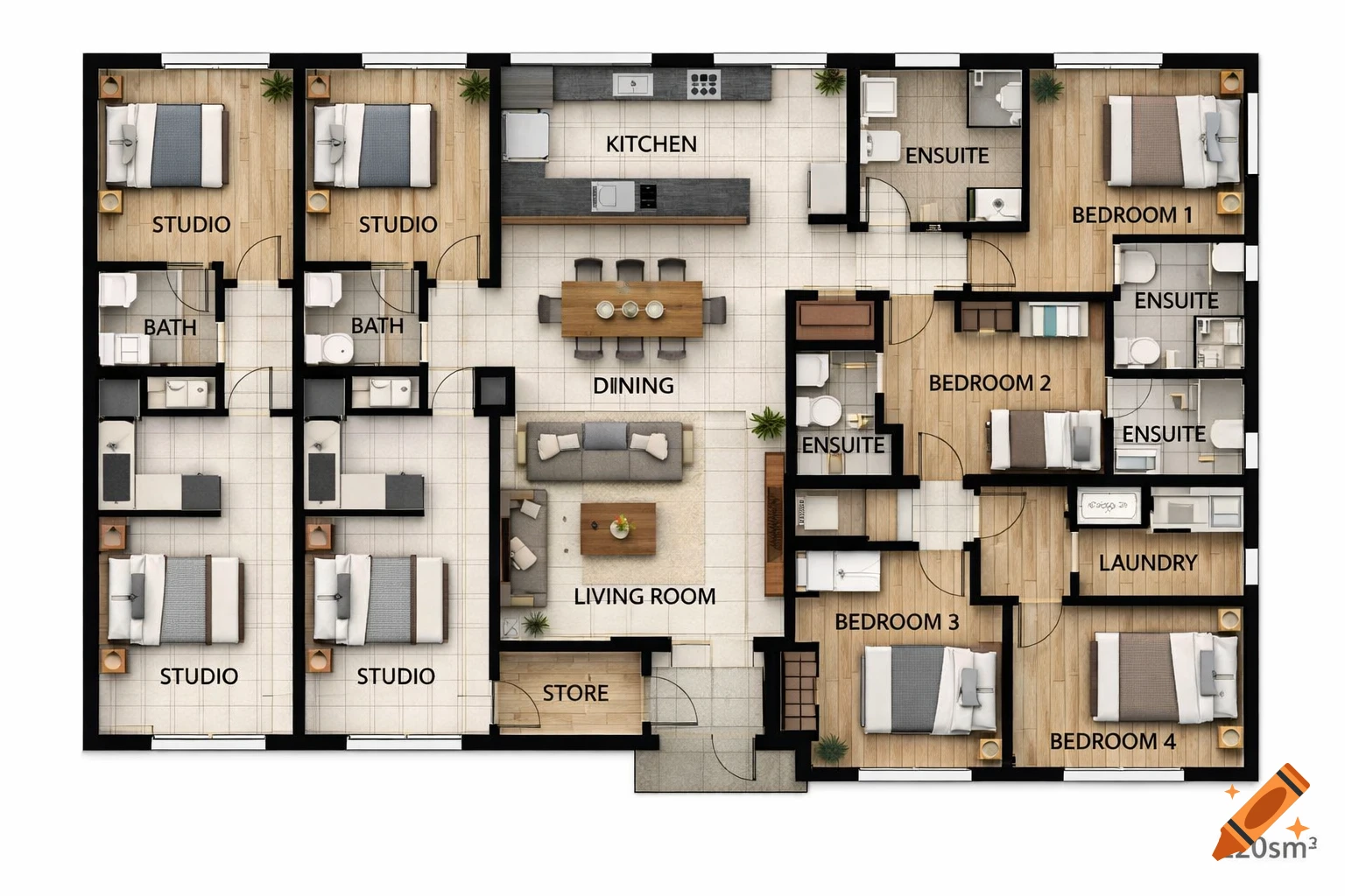 Top-down view of a detailed modern floor plan with multiple bedrooms ...