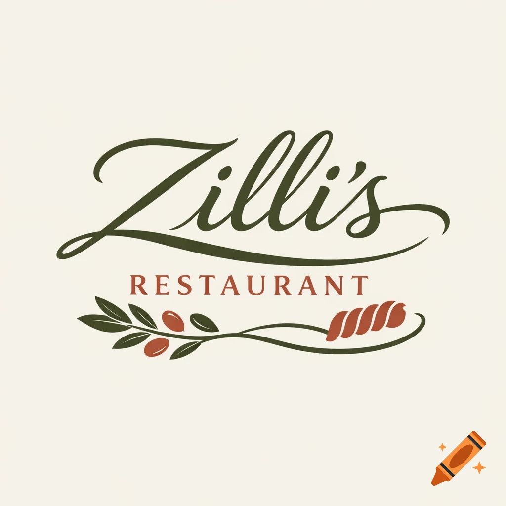 Logo for Zilli's Restaurant with script text, an olive branch, and ...