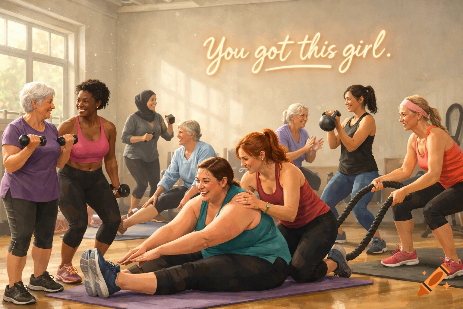 Diverse women of varying ages and body types exercising together in a ...