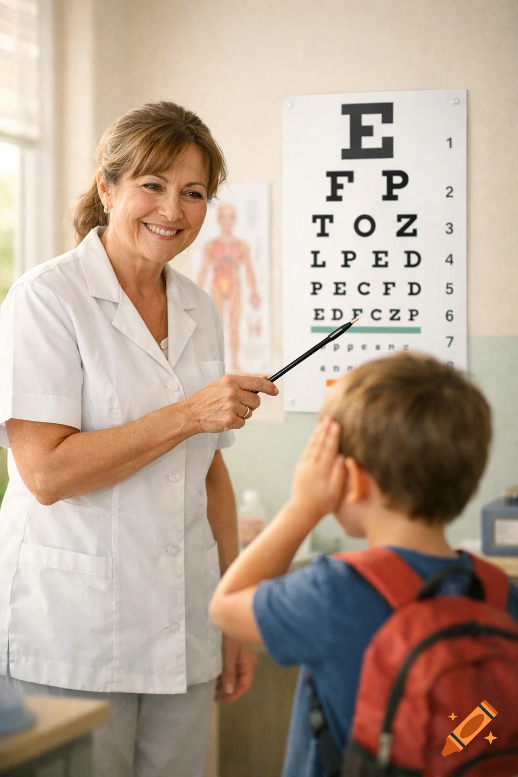 A smiling school nurse points to a Snellen eye chart while screening an elementary student's ...