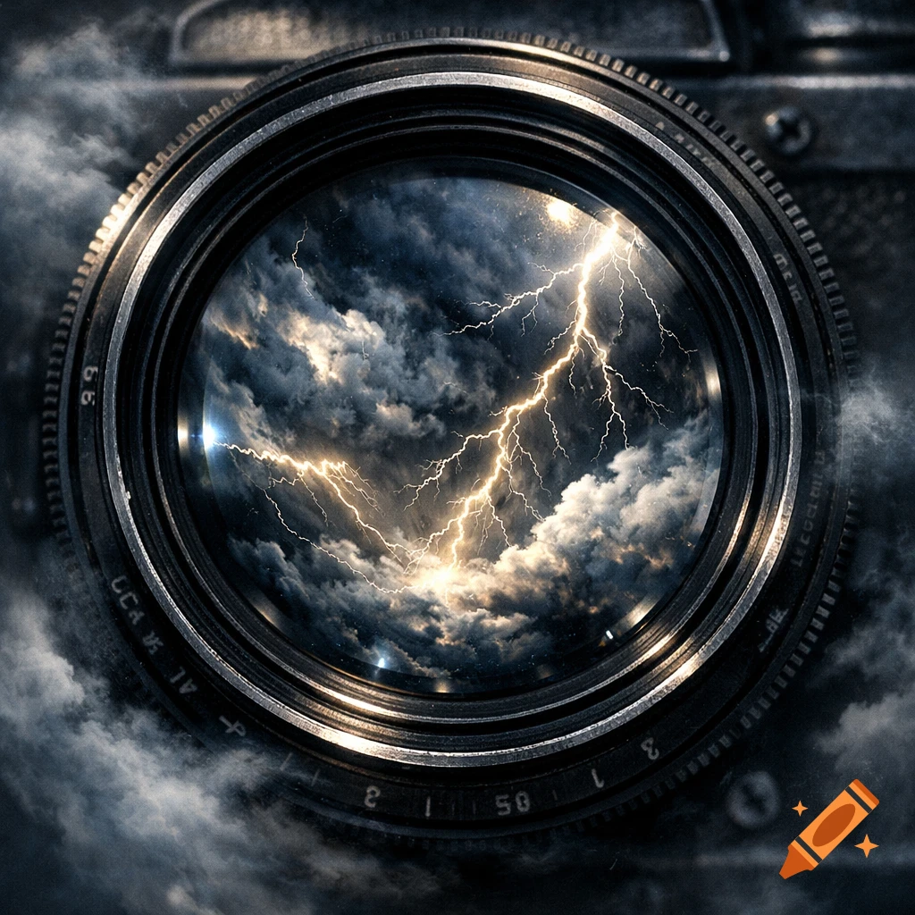 Close-up of a camera lens reflecting a stormy sky with dramatic clouds ...