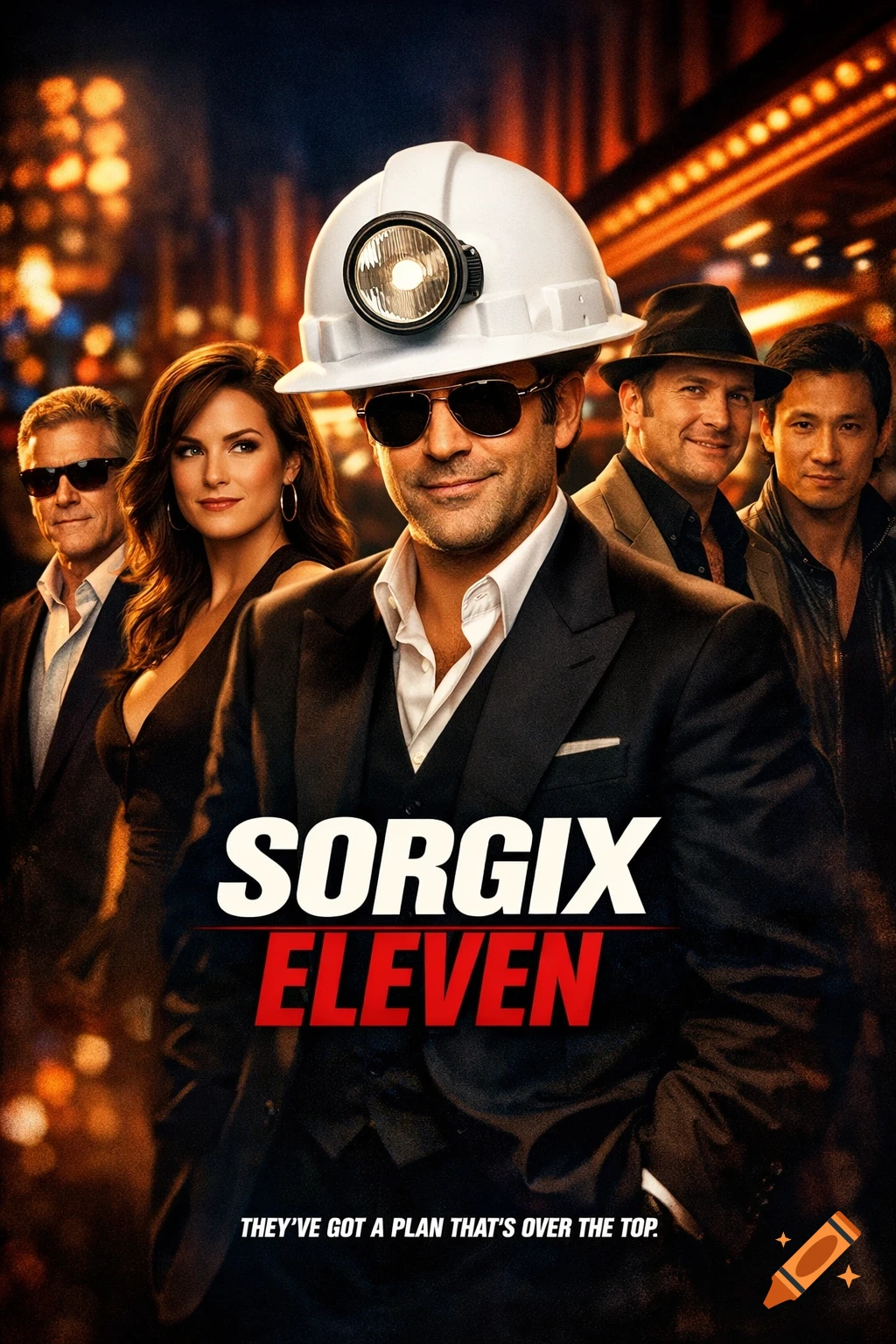 A movie poster features a man in a suit, sunglasses, and a mining hard ...