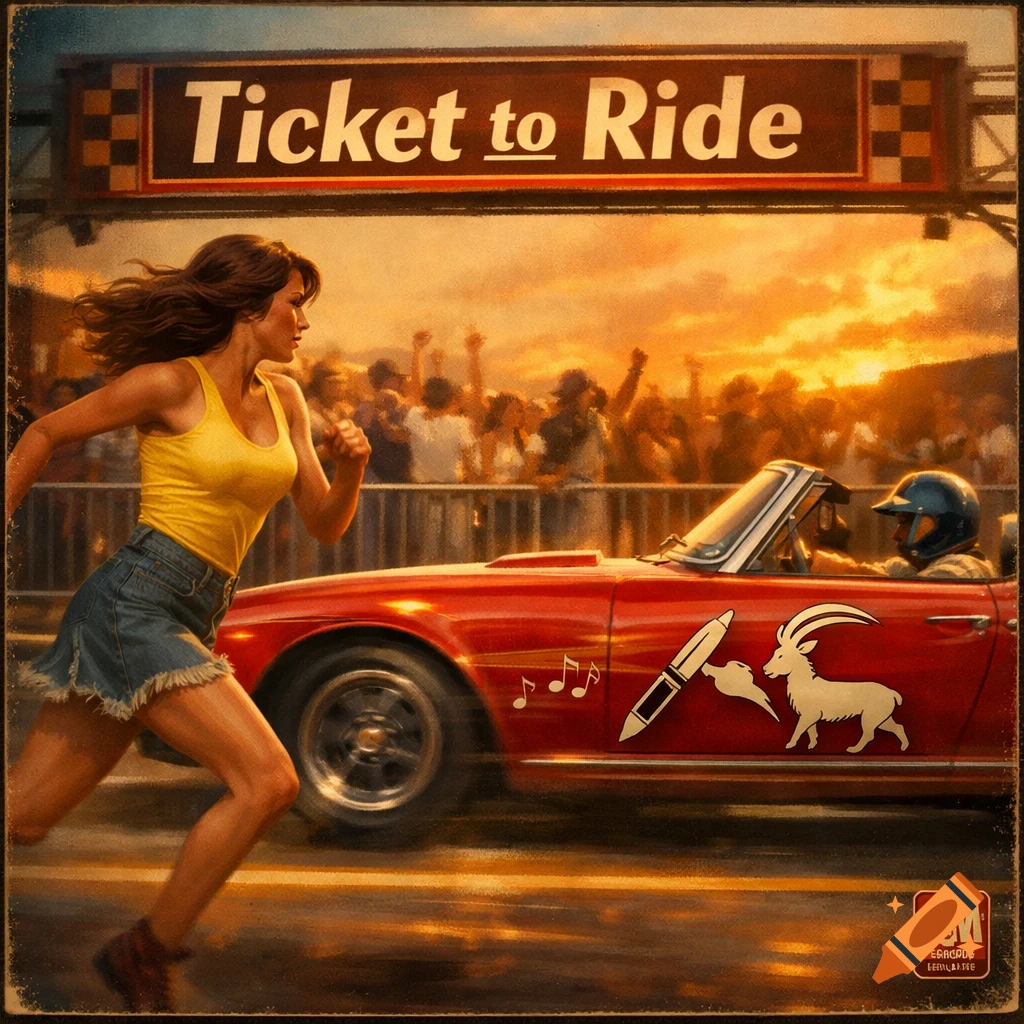 A retro-style album cover depicts a woman running alongside a red ...