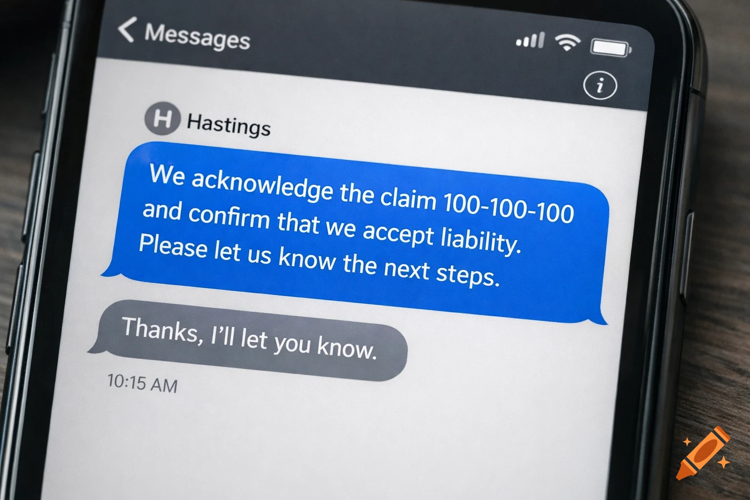 Close-up of a smartphone screen showing a text message conversation ...