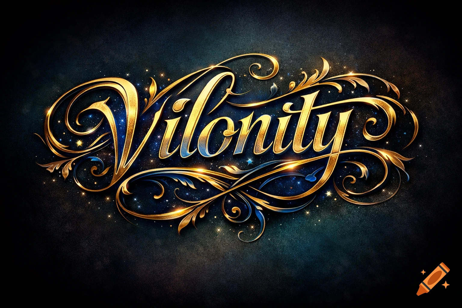 Golden ornate logo with 'Vilonity' in script font, sparkling against a ...