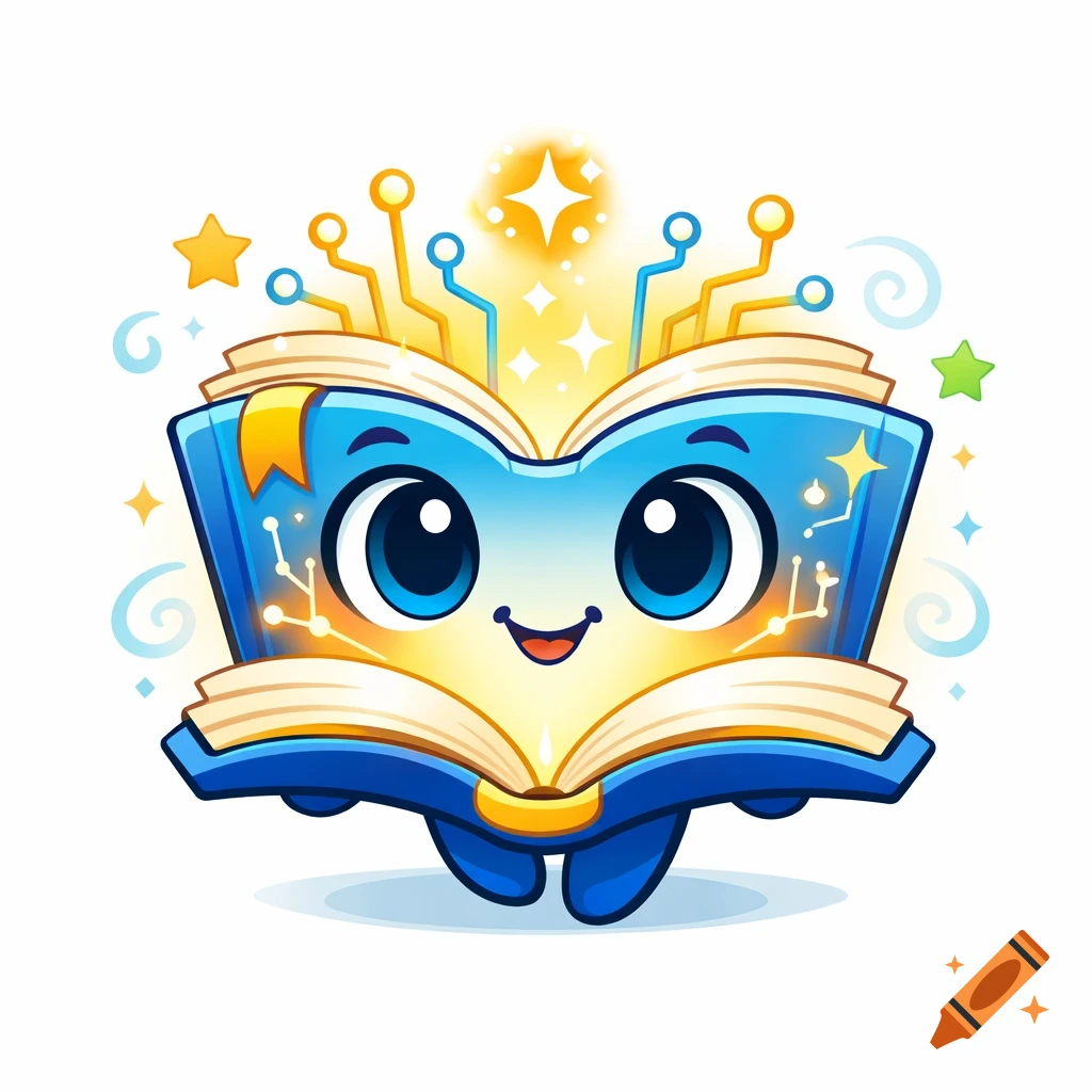 A friendly, blue cartoon book character with big eyes, glowing pages ...