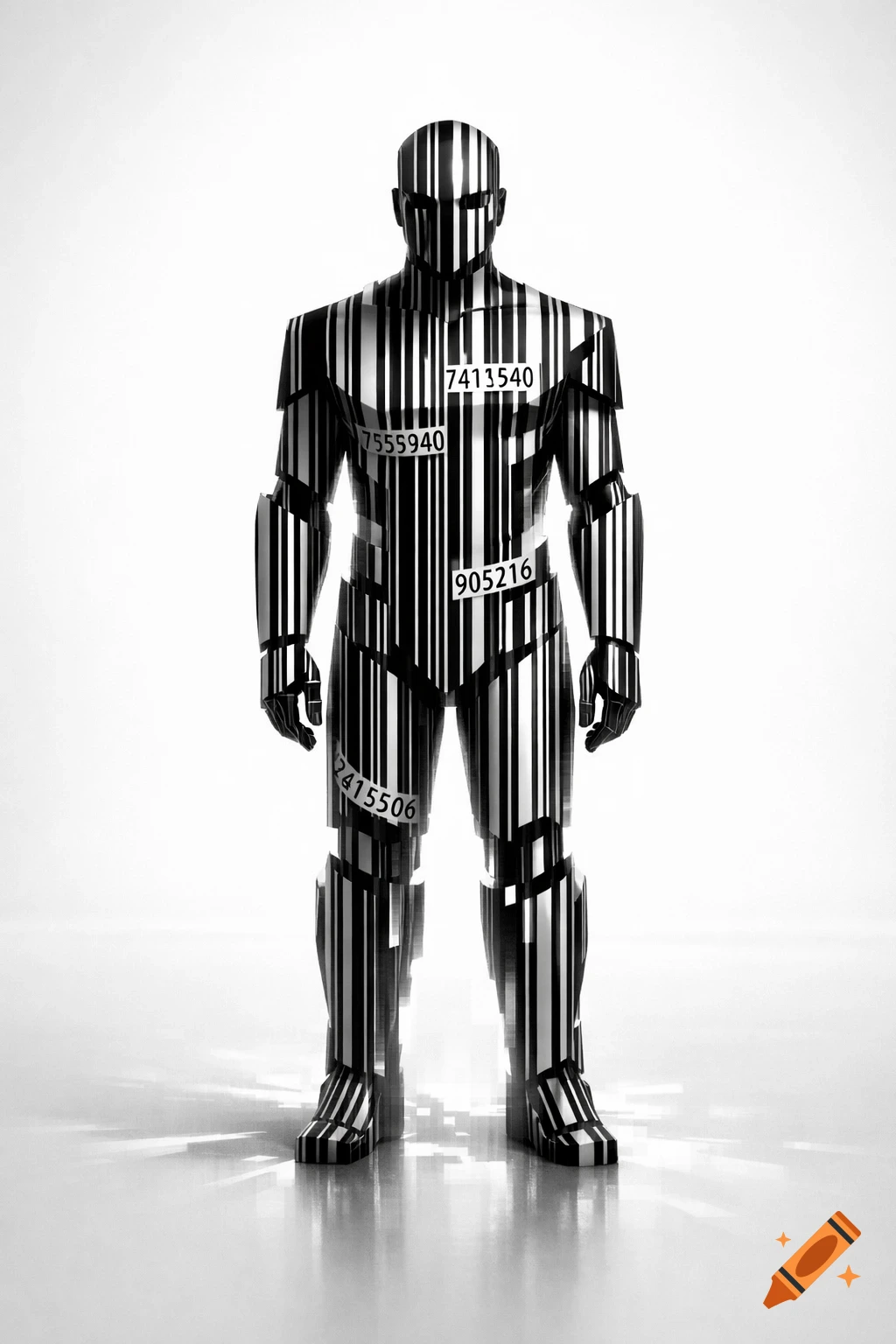 Stylized humanoid figure composed of black and white barcodes and ...
