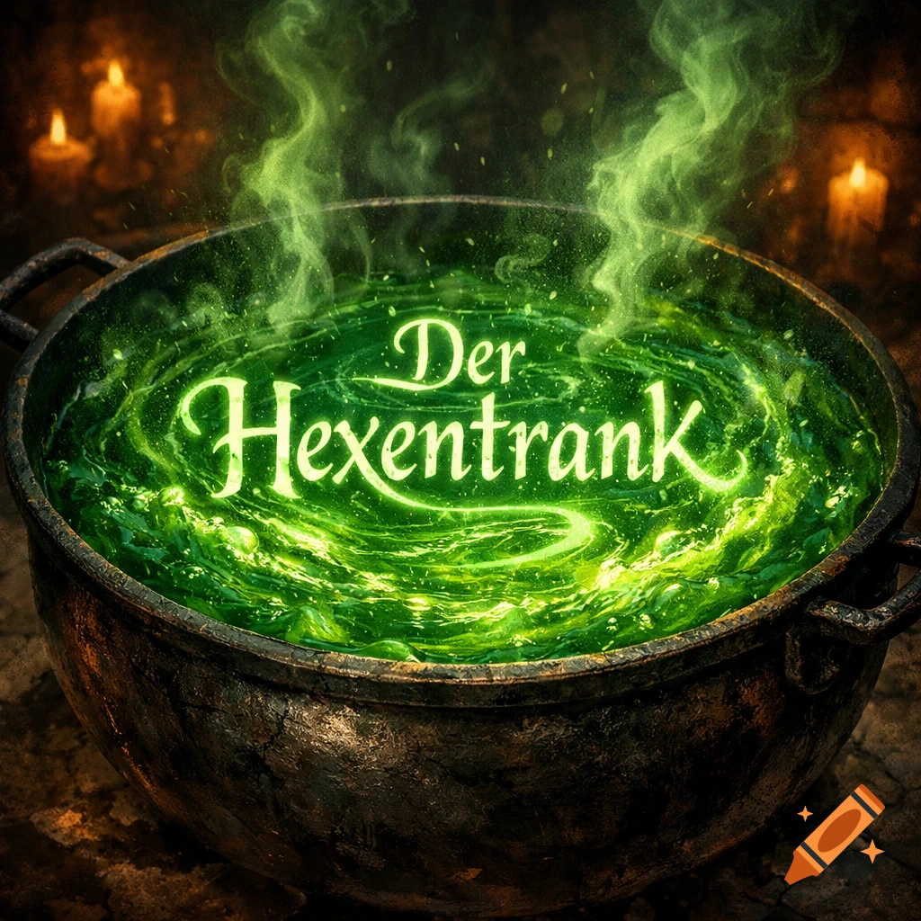 A rustic witch's cauldron with glowing green bubbling liquid and smoke ...