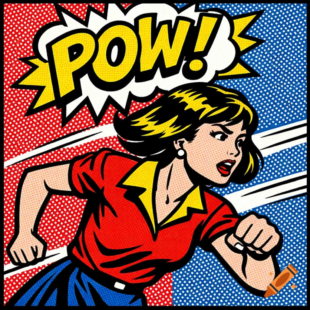 Pop art comic style image of a woman in red and blue running, with a ...