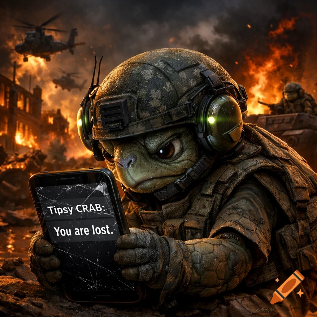 A turtle in combat gear checks a cracked cell phone showing 'Tipsy CRAB ...