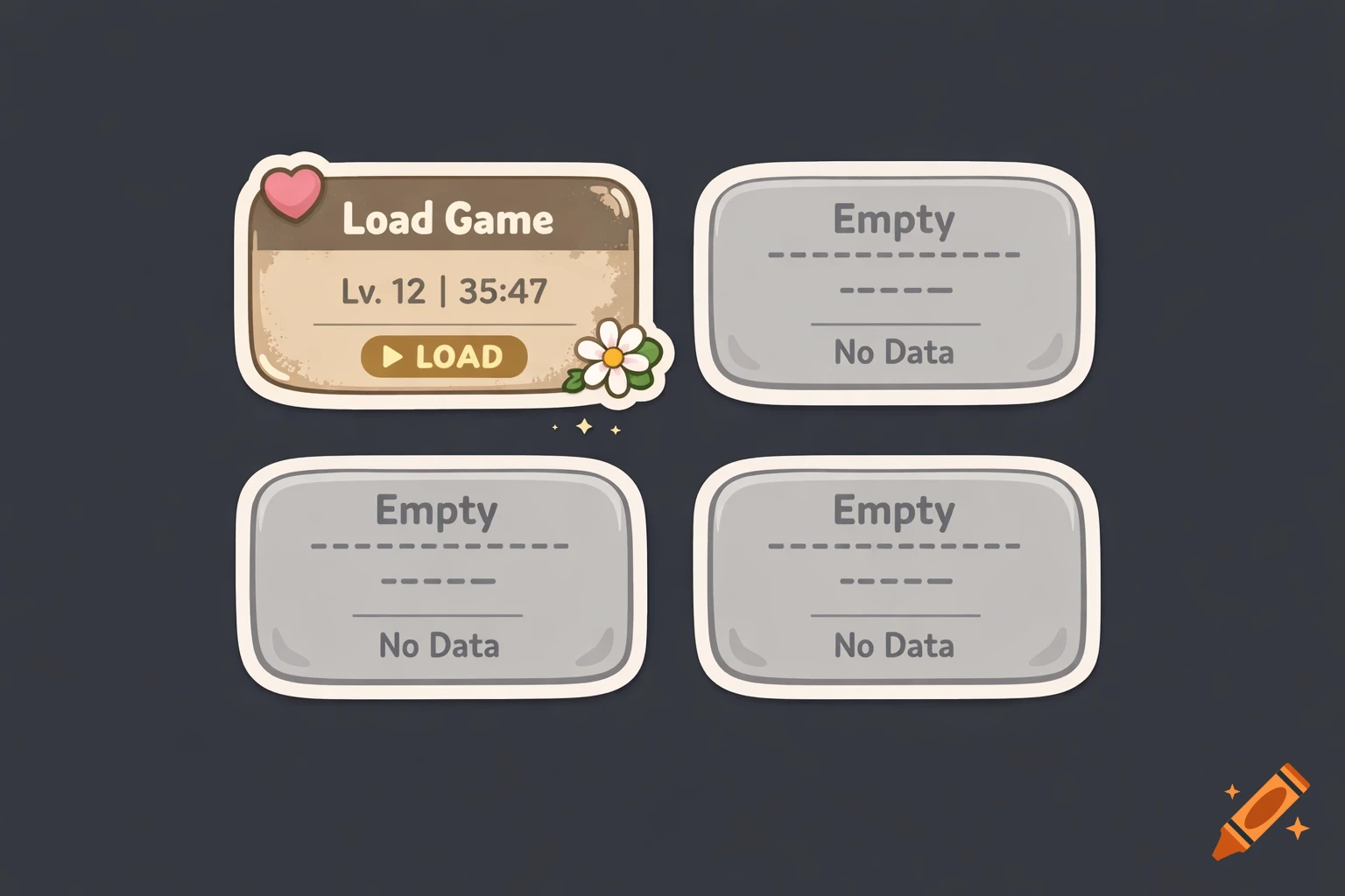 Flat vector illustration of a video game save screen showing one filled ...