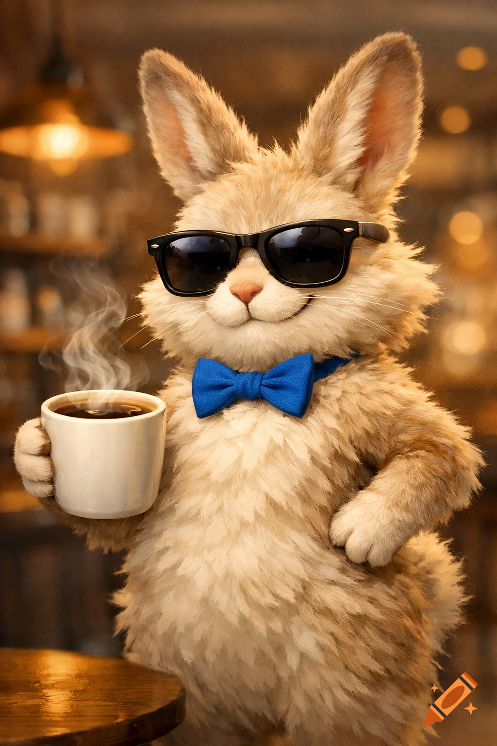A cool anthropomorphic rabbit in sunglasses and a blue bow tie holds a ...